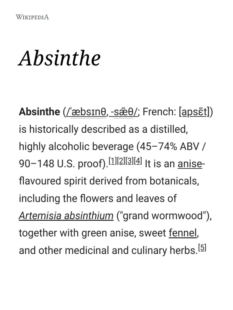 Absinthe: Absinthe (/ˈæbsɪnθ, -sæ̃θ/; French: [apsɛ̃t]) | Alcohol ...