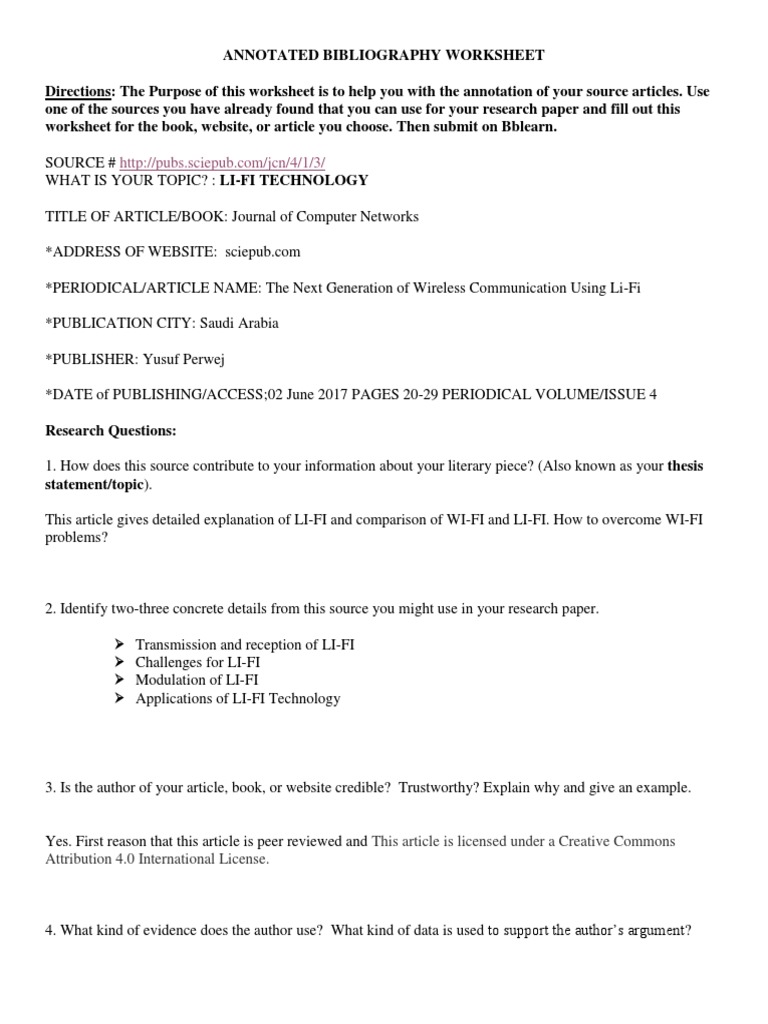 Annotated Bibliography Worksheet | PDF