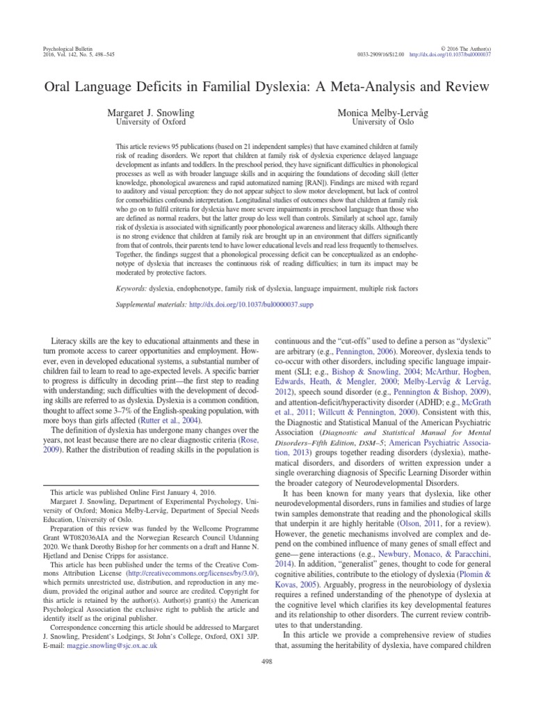 Oral Language Deficits in Familial Dyslexia: A Meta-Analysis and Review | PDF | Dyslexia ...