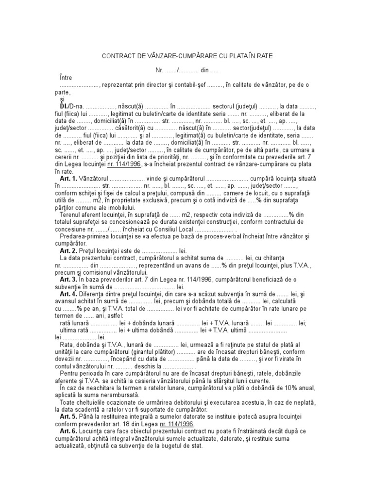 Contract de Vanzare Cumparare Imobil Cu Plata in Rate | PDF