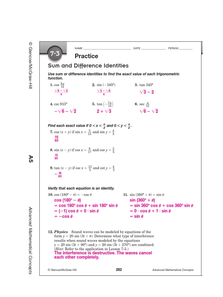 Sum and Difference Identities Practie 7.3 PDF | PDF | Trigonometric ...