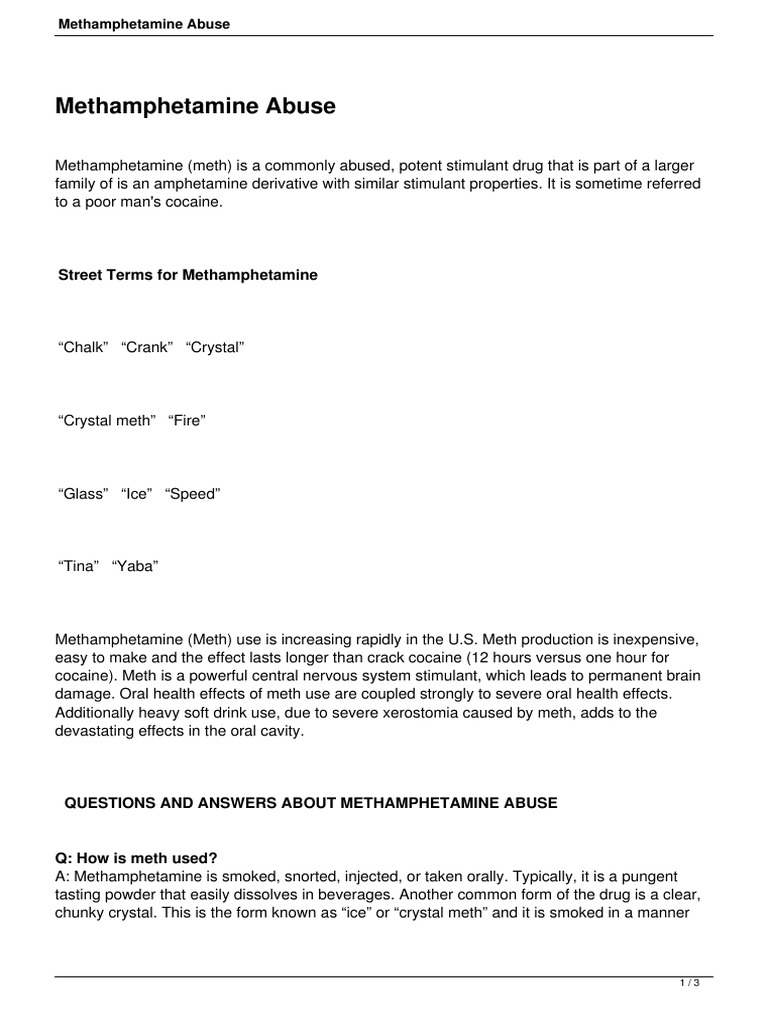 Methamphetamine Abuse: Street Terms For Methamphetamine | PDF ...