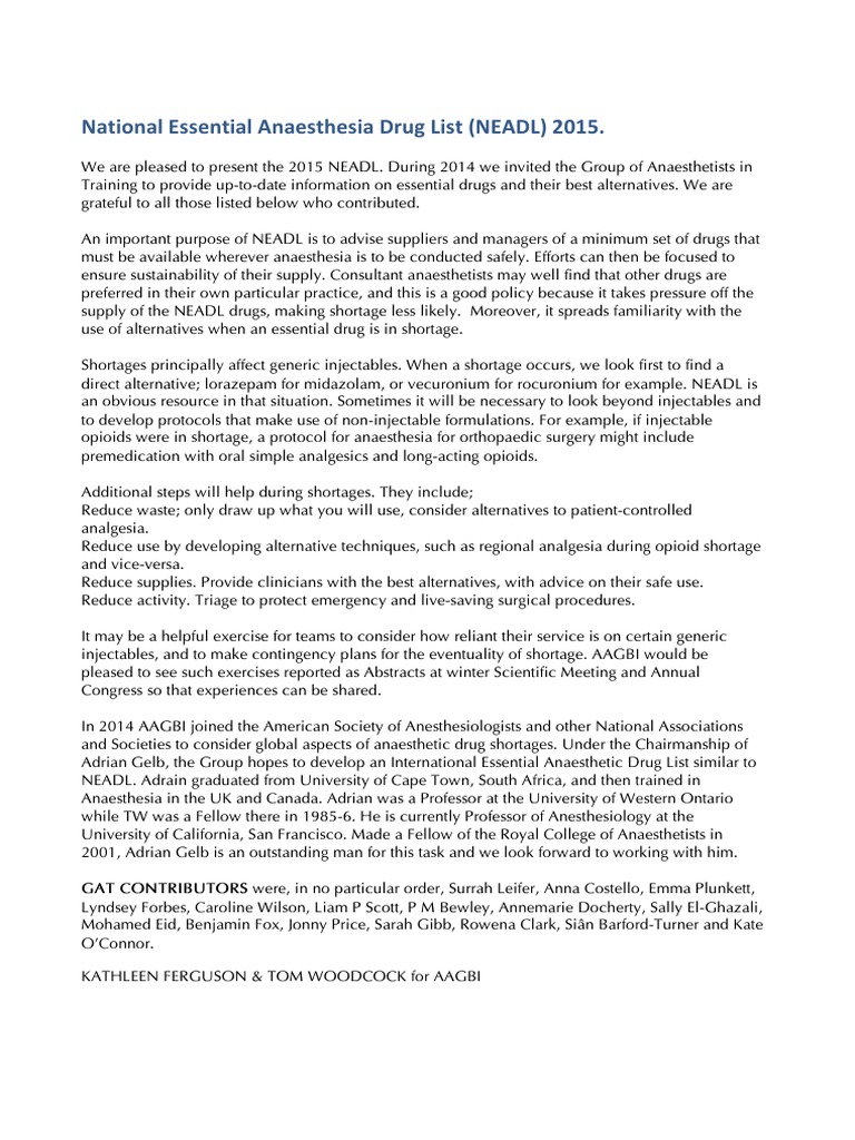 National Essential Anaesthesia Drug List (NEADL) 2015 | PDF | Fentanyl ...