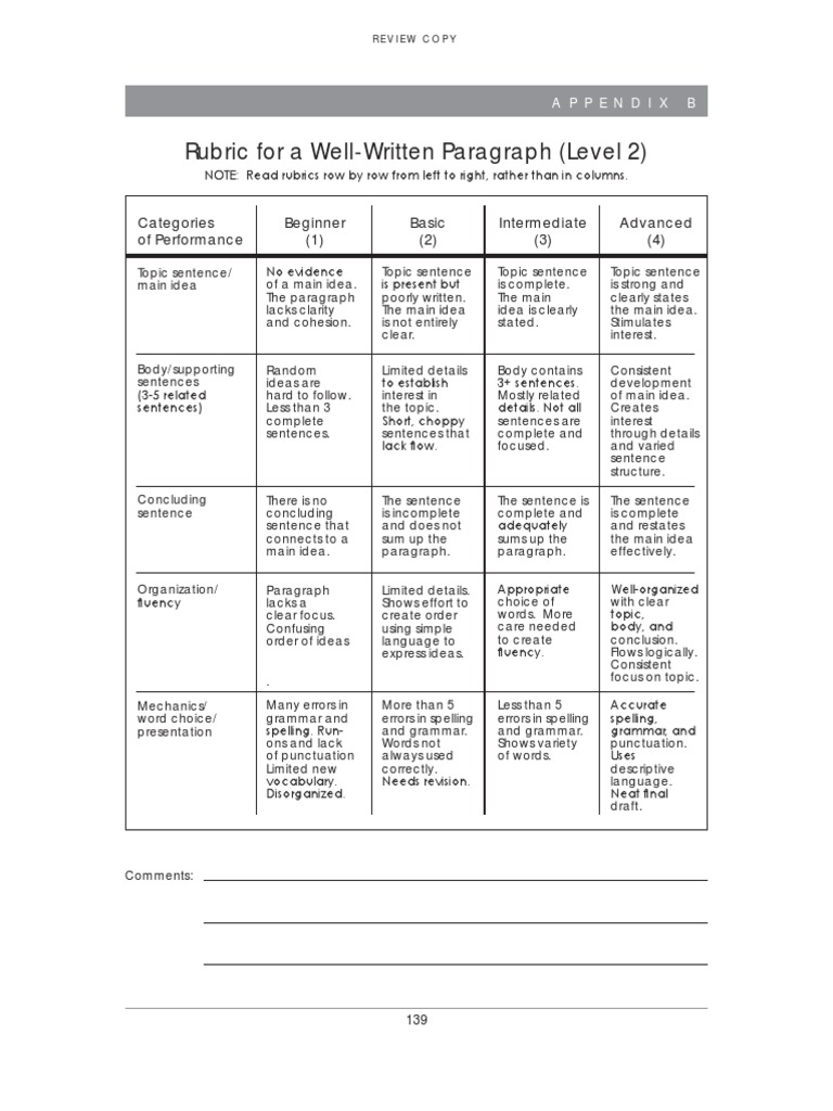Assessing Paragraph Writing: A Rubric for Evaluating Performance Across Multiple Levels | PDF ...