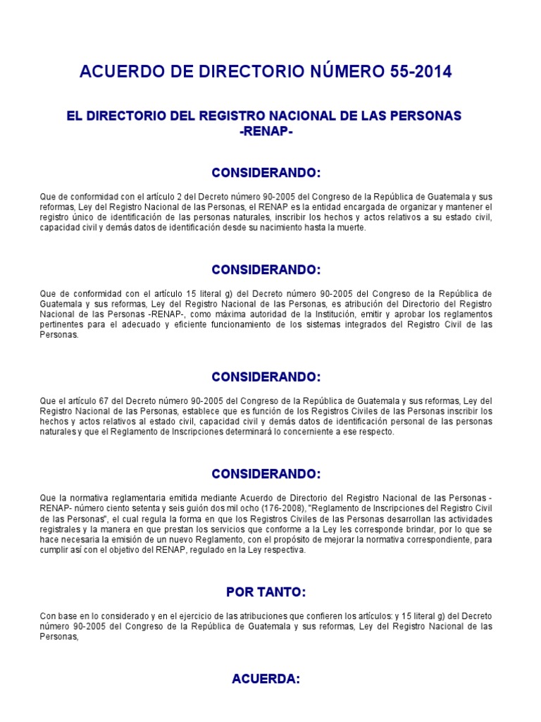 ACUERDO 55-2014 (Reglamento Inscripciones Renap) | Descargar gratis PDF | Regulación ...