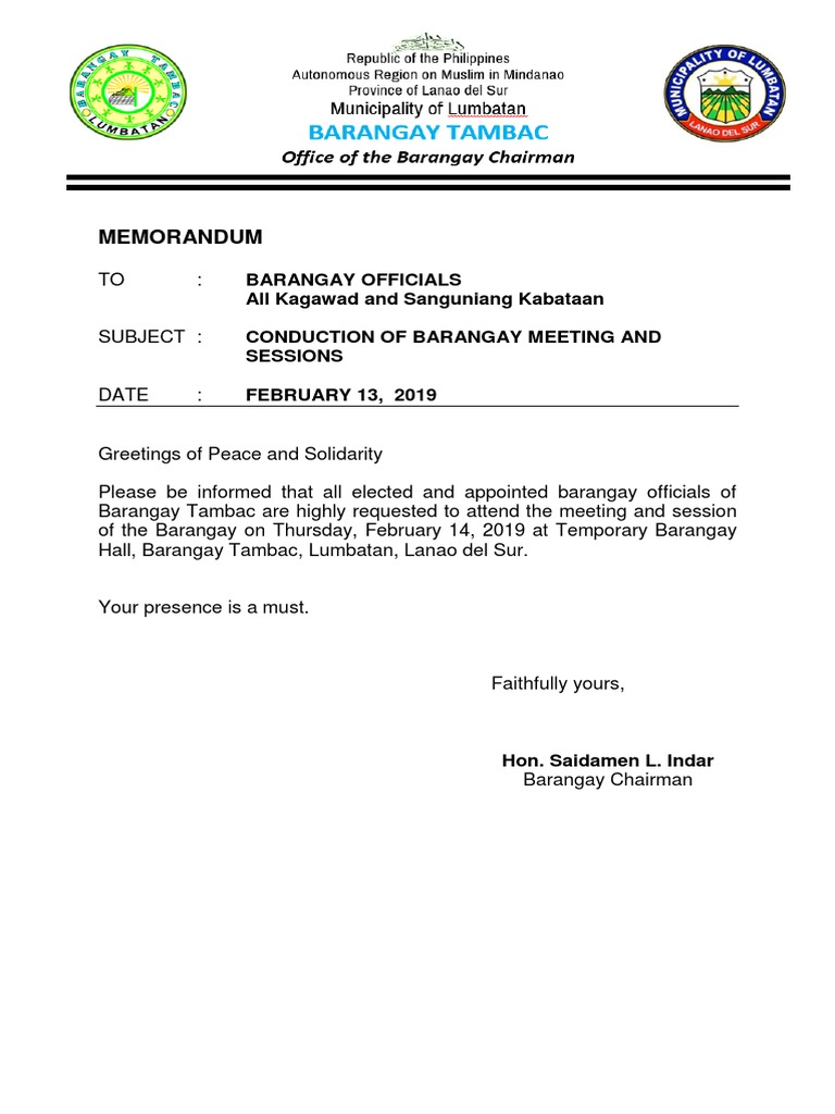 Barangay Meeting Invitation Memo | PDF