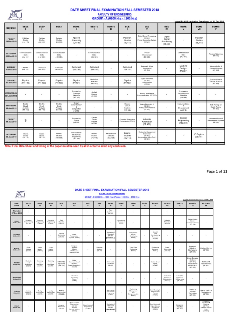 Date Sheet Final Examination Fall - 2018 | PDF | Electrical Engineering ...