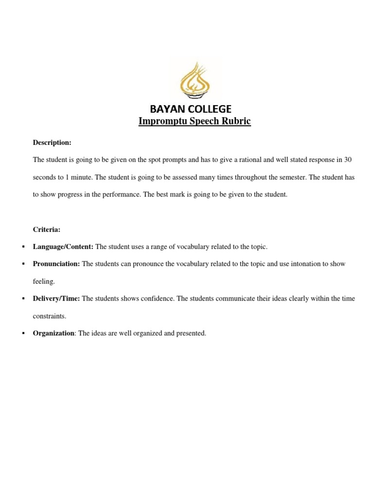 Impromptu Speech | PDF | Speech | Rubric (Academic)