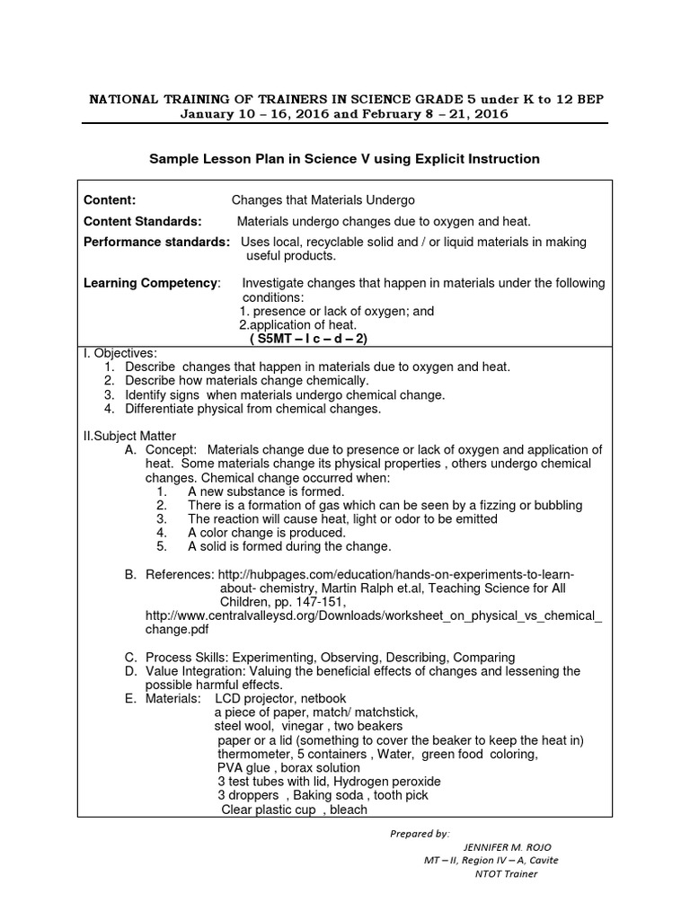 Sample Lesson Plan in Science V Using Explicit Instruction | PDF | Heat ...