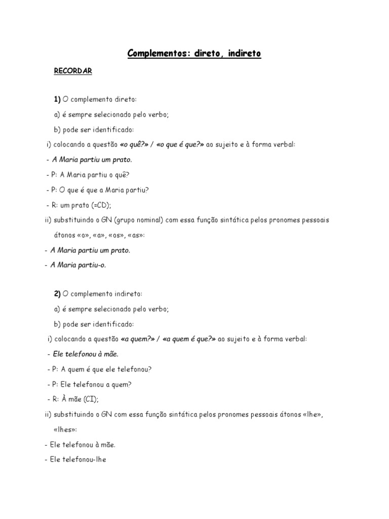 Complemento Direto e Indireto | PDF | Assunto (gramática) | Pronome