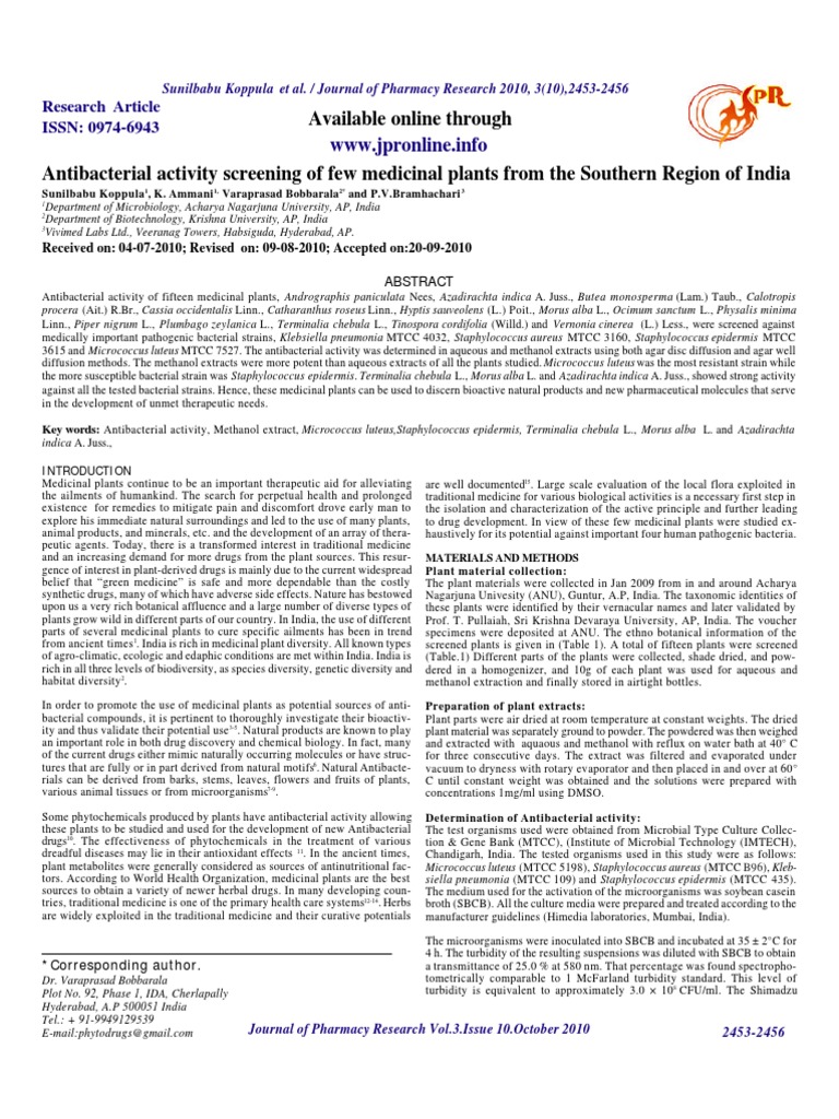 Antibacterial Activity Screening of Few Medicinal Plants From The ...