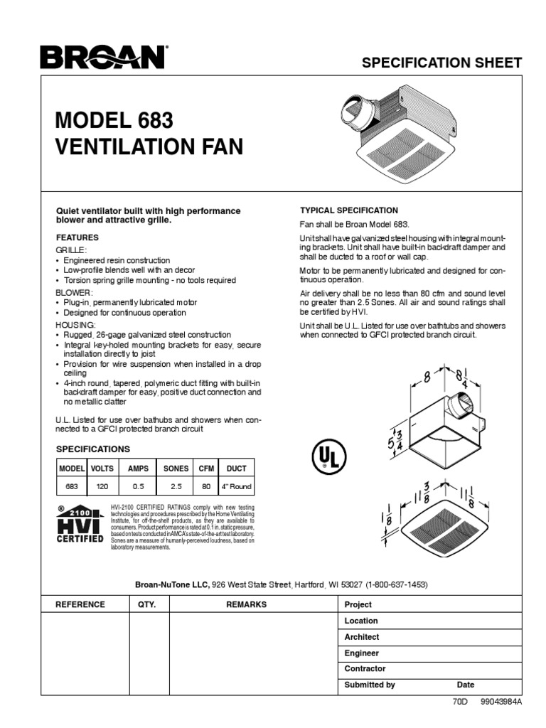 MODEL 683 Ventilation Fan: Specification Sheet | PDF | Duct (Flow ...