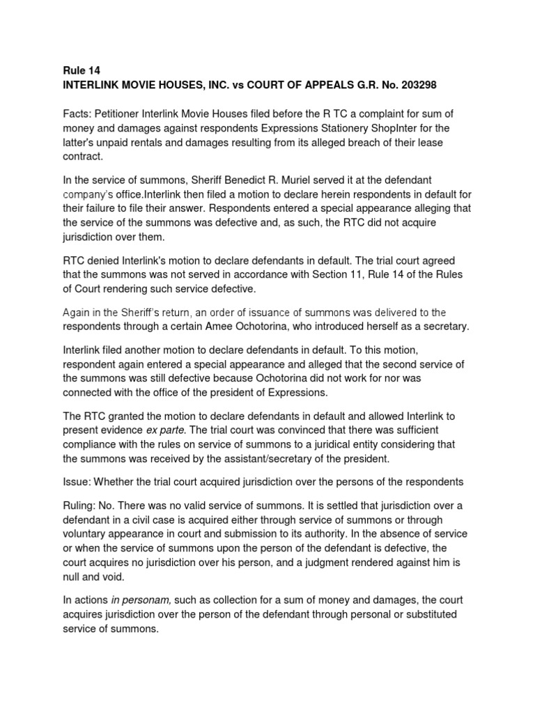 INTERLINK MOVIE HOUSES, INC. Vs COURT OF APPEALS | PDF | Summons ...