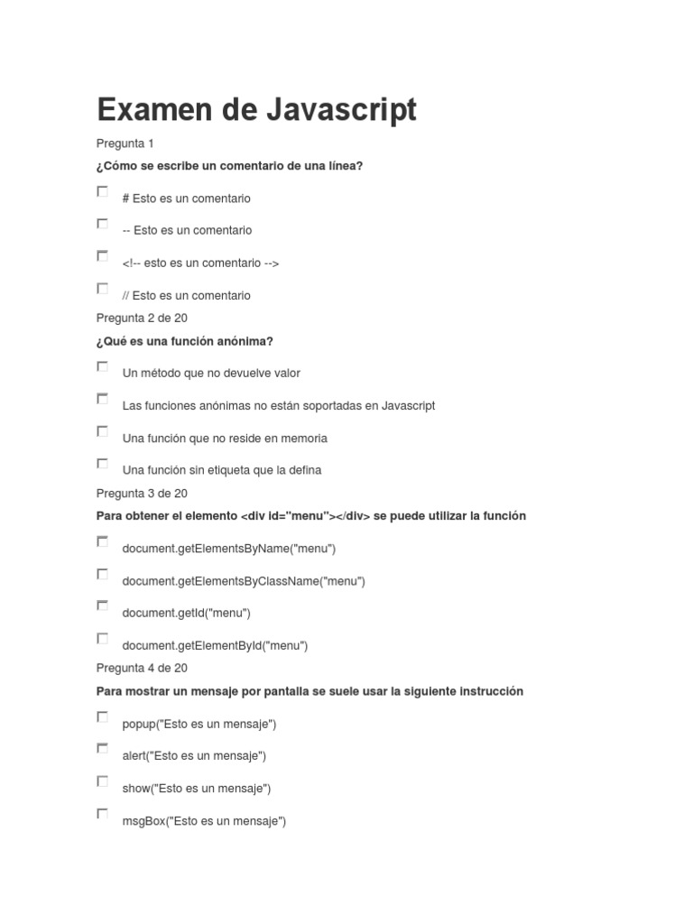 Examen Java Script | PDF | Script Java | Programación de computadoras Examen Java Script | PDF | Script Java | Programación de computadoras