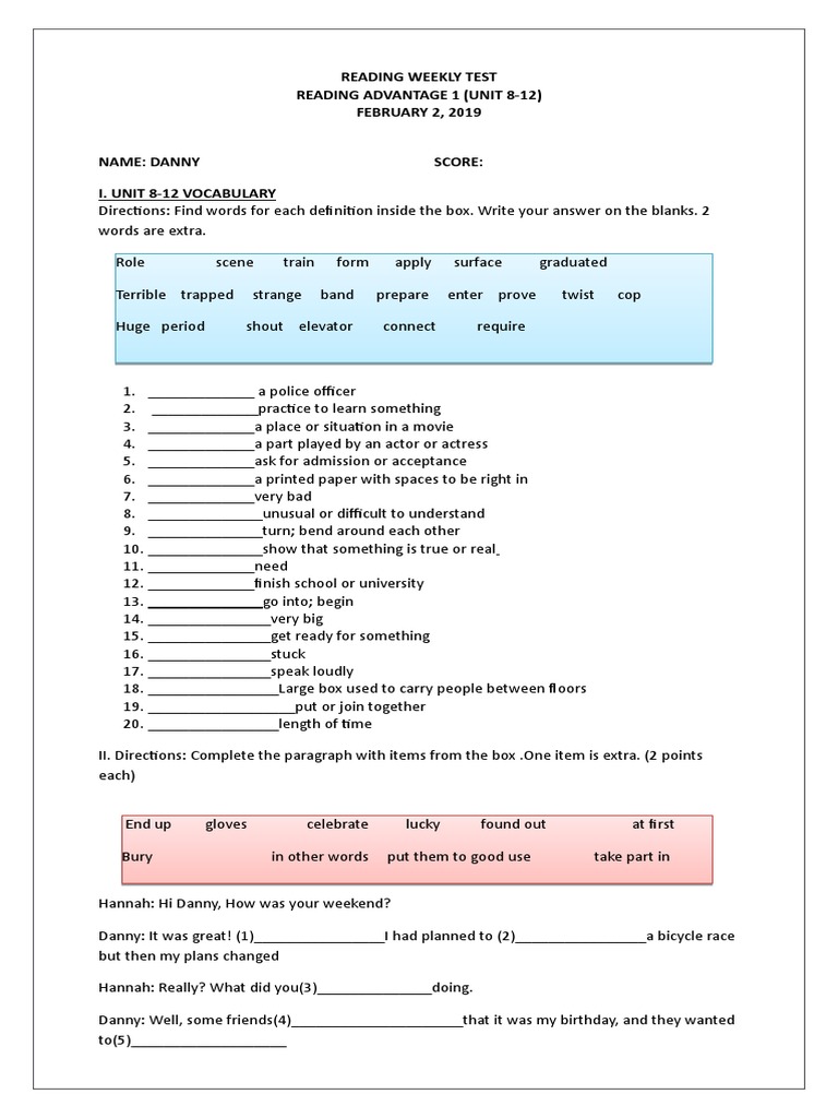 Reading Weekly Test Reading Advantage 1 (Unit 8-12) FEBRUARY 2, 2019 ...