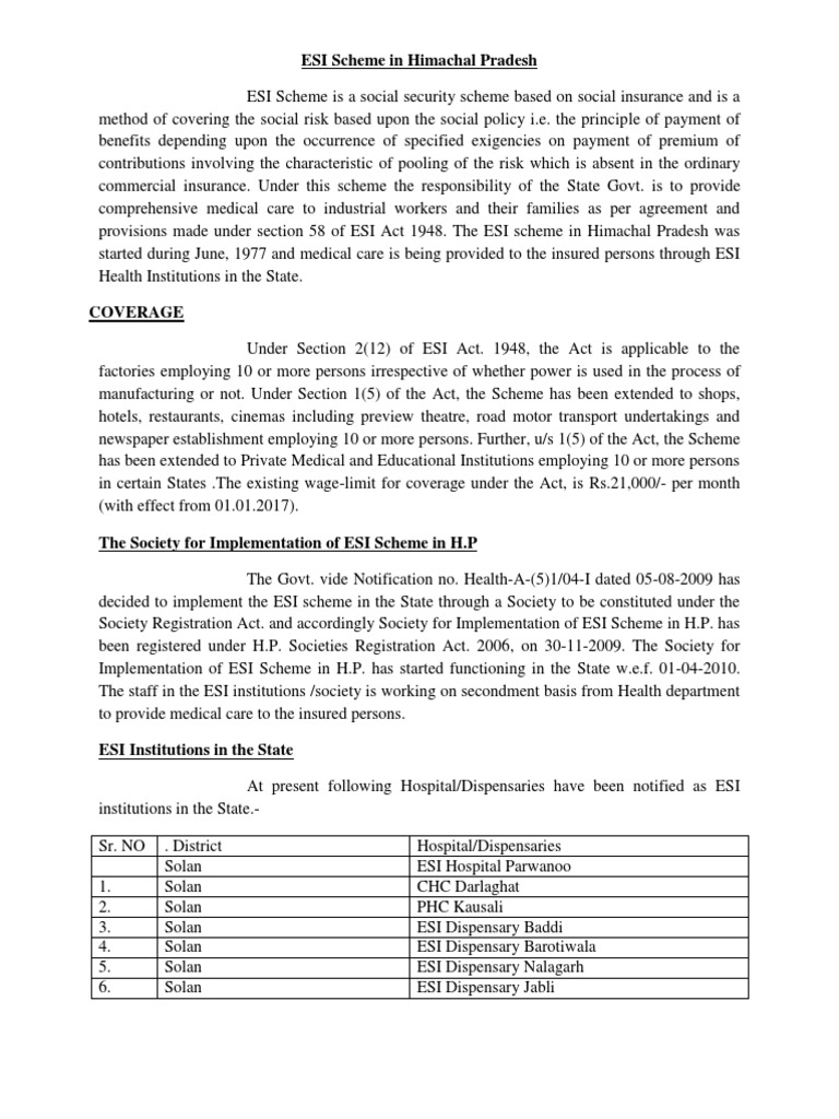 ESI Scheme in HP PDF | PDF | Employment | Medicine
