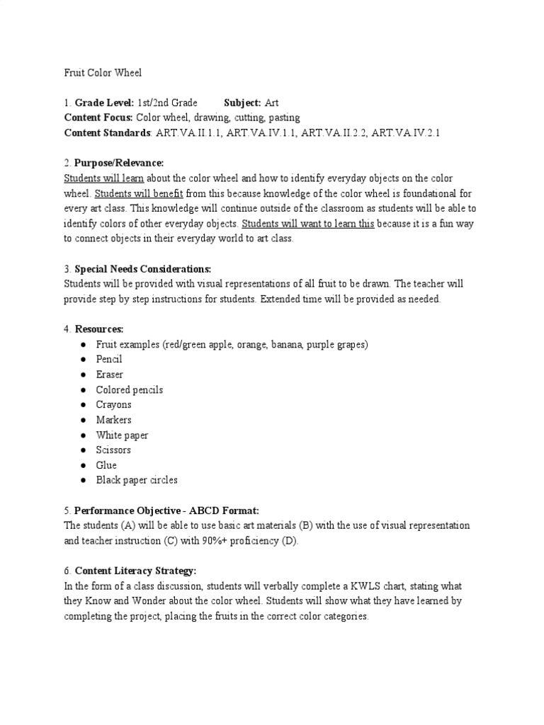 Fruit Color Wheel Lesson Plan | PDF | Drawing | Classroom