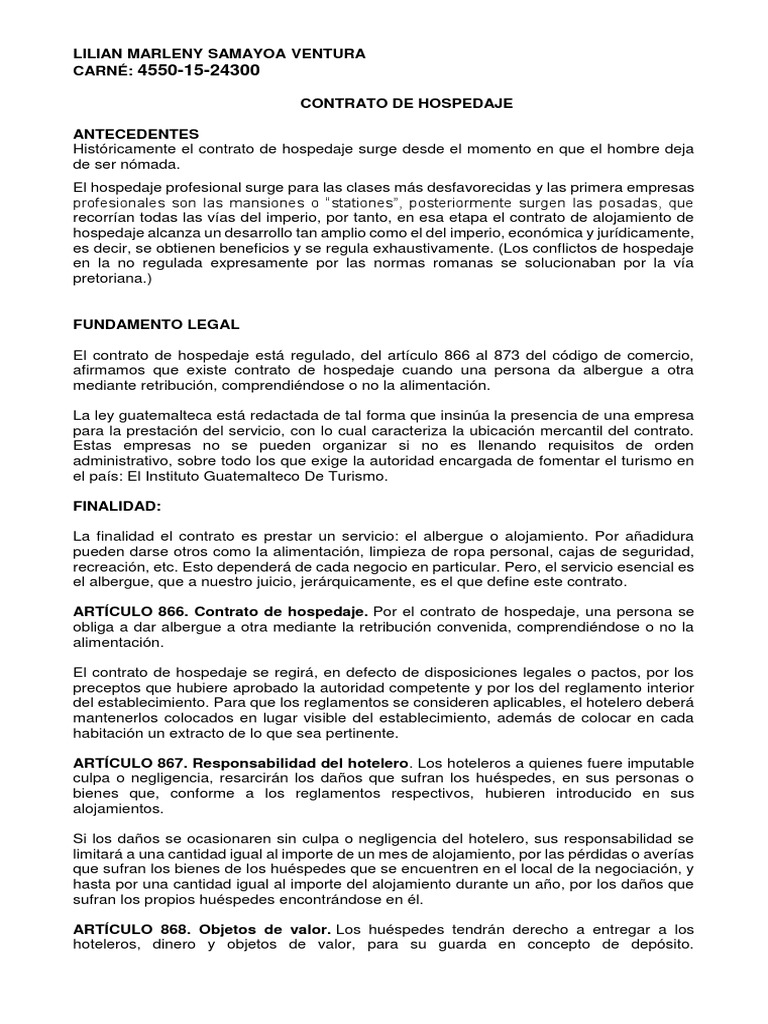 Contrato de Hospedaje | Hotel | Turismo