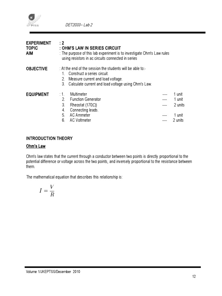 Lab 2 OHM LAW | PDF | Voltage | Series And Parallel Circuits