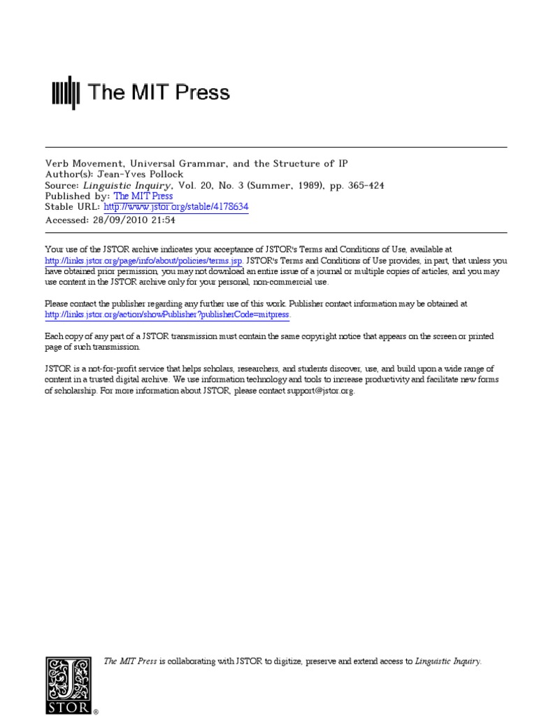 Pollock (1989) Movement & IP | PDF | English Language | Clause