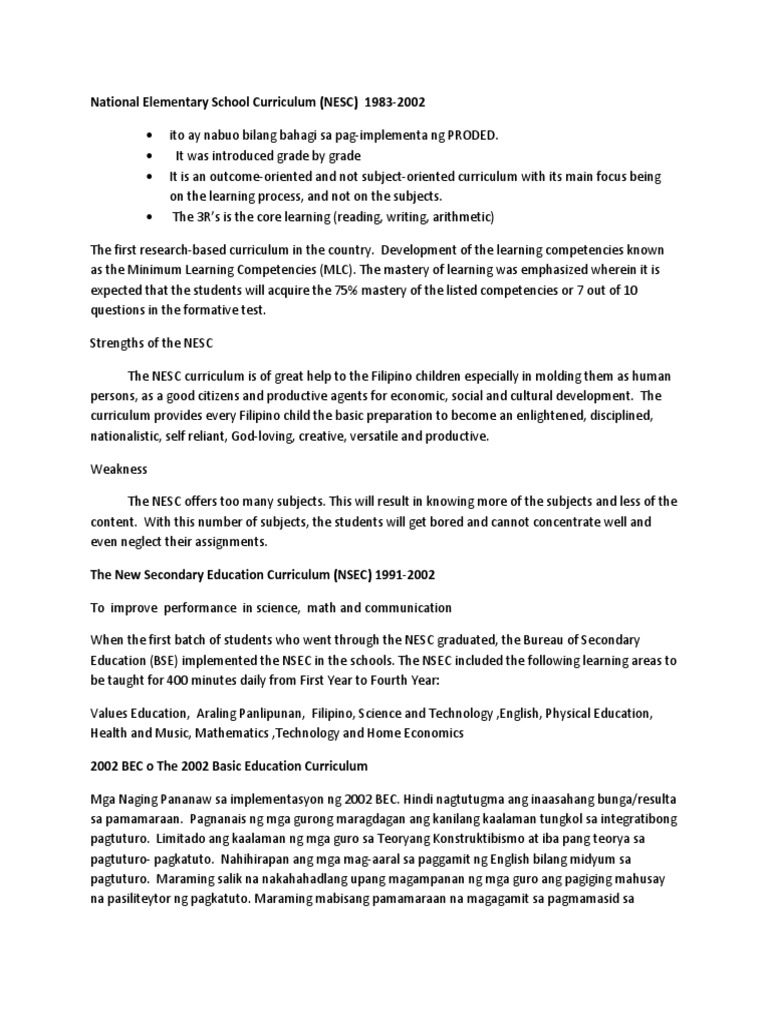 National Elementary School Curriculum | PDF | Career & Growth | Wellness