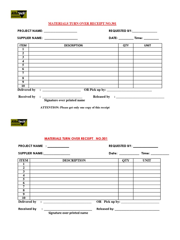 Materials Turnover Receipt Template | PDF | Document | Written ...