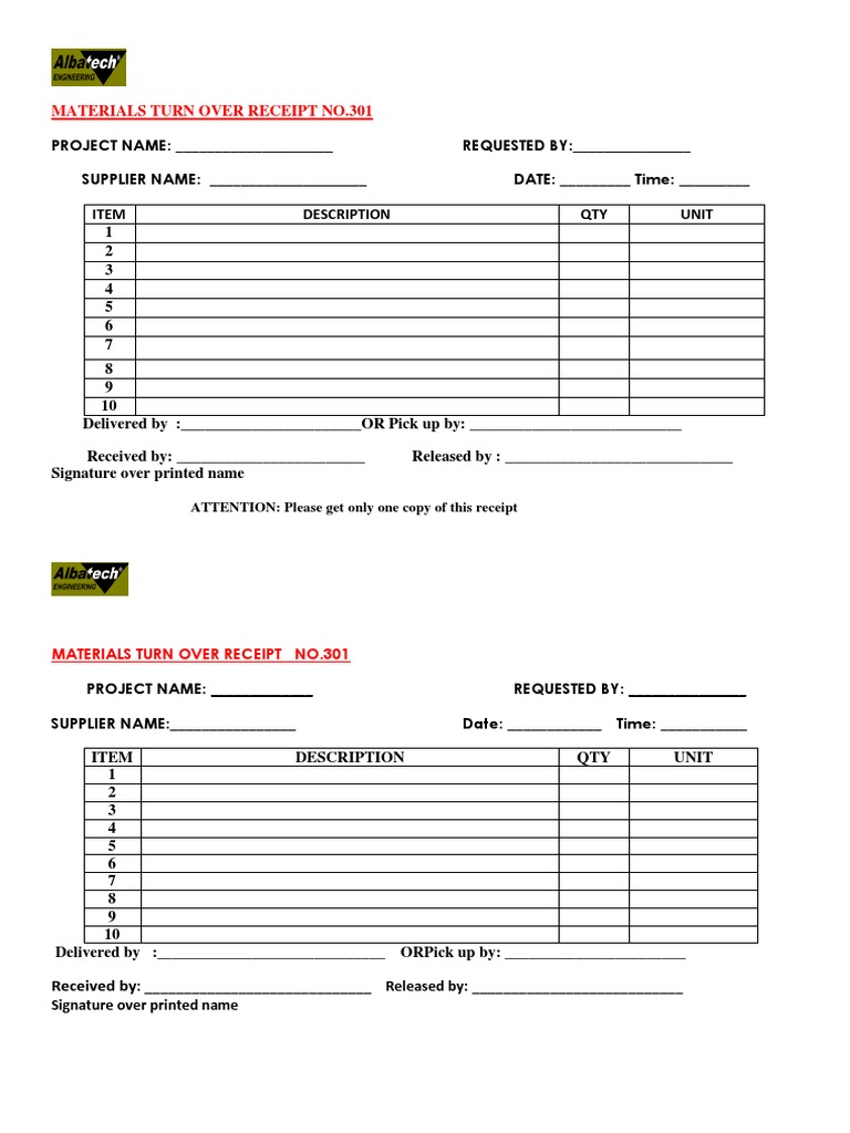 Material Turn Over Receipt No 1 | PDF