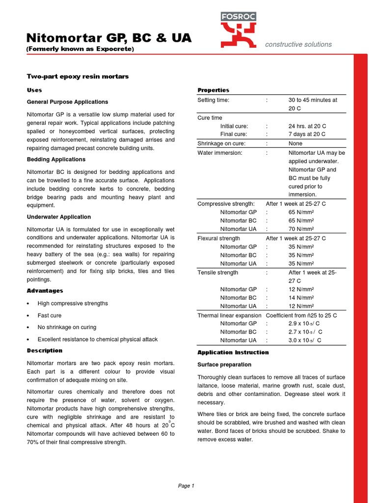 Nitomortar GP, BC & UA | PDF | Concrete | Building Engineering