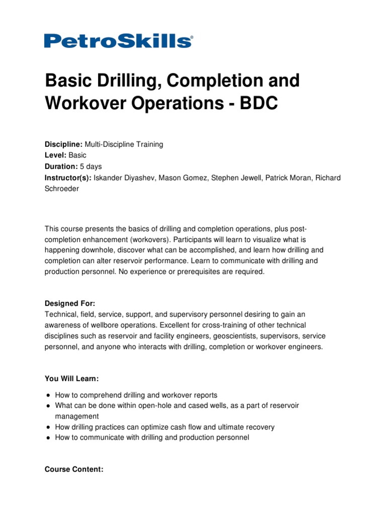 Basic Drilling, Completion and Workover Operations - BDC | PDF | Oil ...