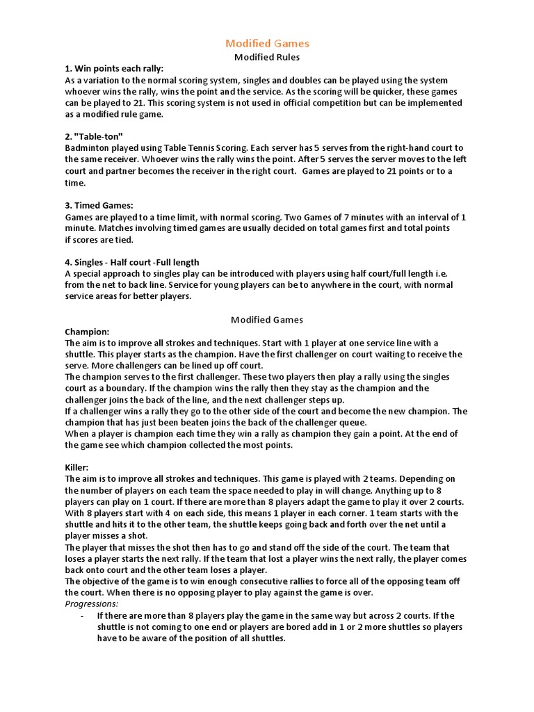 Modified Games Rules | PDF | Ball Games | Athletic Sports