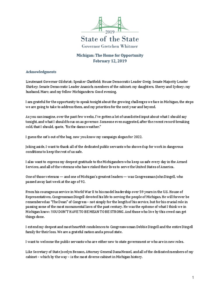 State of The State Full Address | PDF | Drinking Water | Michigan