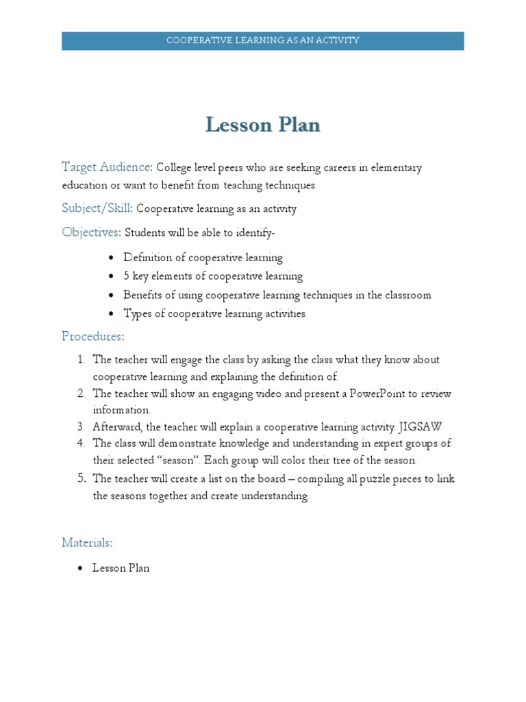 Cooperative Learning Lesson Plan | PDF
