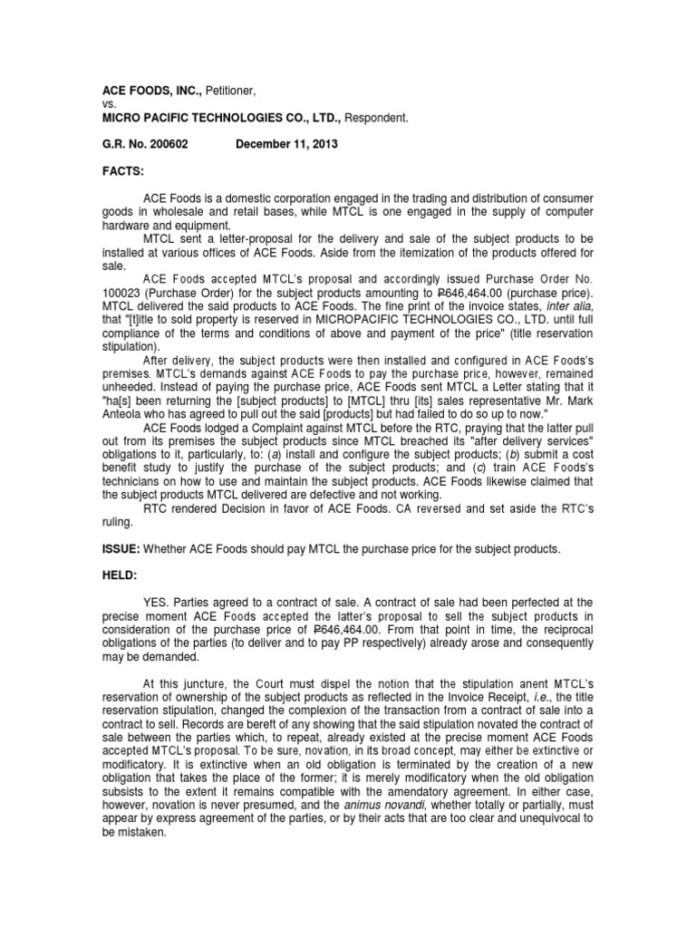 ACE Foods vs. Micro Pacific Technologies Case | PDF | Receipt | Prices