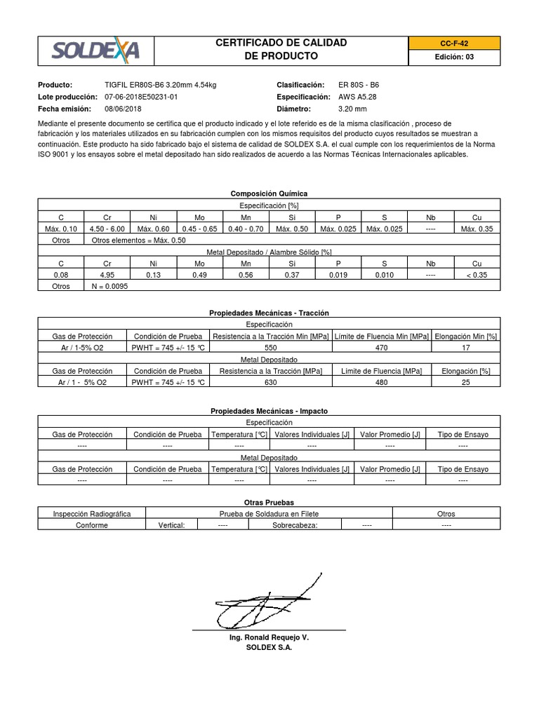 Certificado Calidad TIGFIL ER80S-B6 | PDF | Cobre | Ciencias fisicas