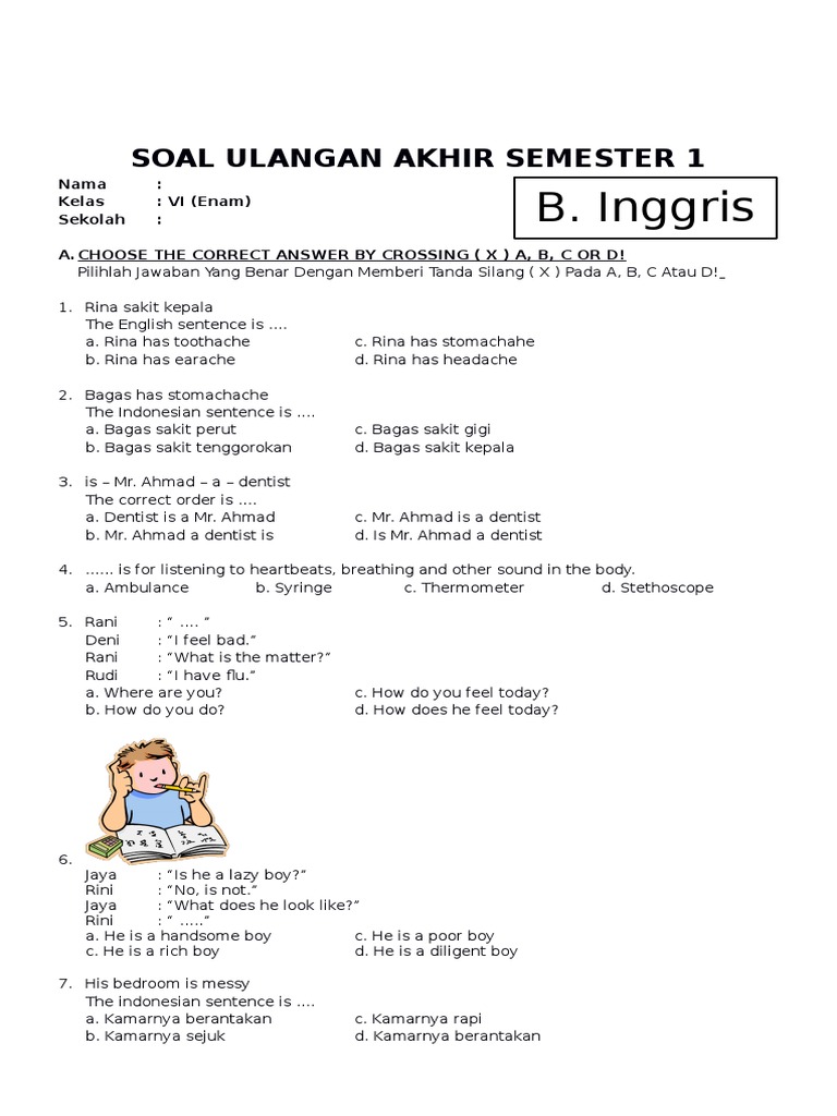 Soal UAS Bahasa Inggris Kelas 6 SD Semester 1 (Ganjil) Dan Kunci Jawaban | PDF | Indonesian ...