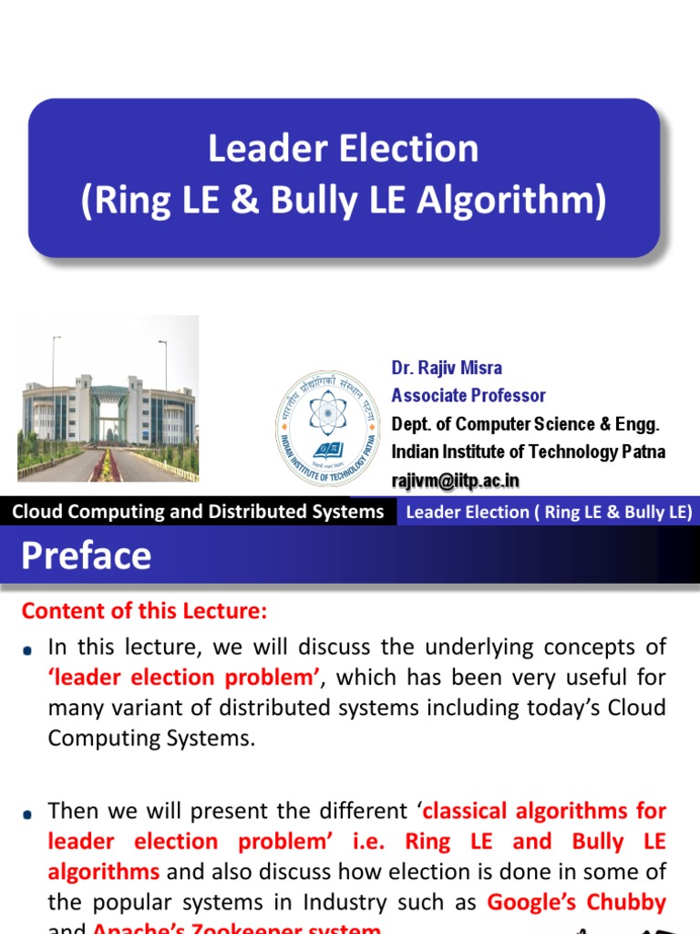 Leader Election (Ring LE & Bully LE Algorithm) : Cloud Computing and Distributed Systems | PDF ...