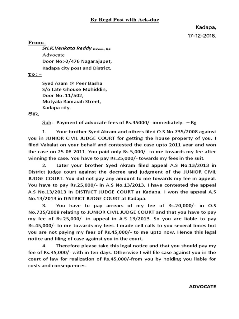 By Regd Post With Ack To Syed Azam at Peer Basha Fees | PDF | Law