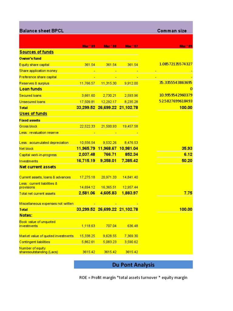 Balance Sheet BPCL Comman Size: Du Pont Analysis | PDF | Equity ...