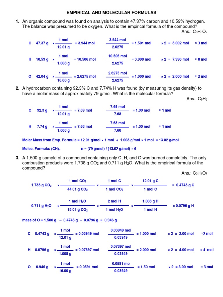 9 Empirical Molec Formulas Ans Key PDF | PDF | Mole (Unit) | Atoms