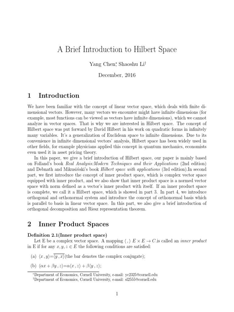 Brief Introduction To Hilbert Space | PDF | Hilbert Space | Basis ...