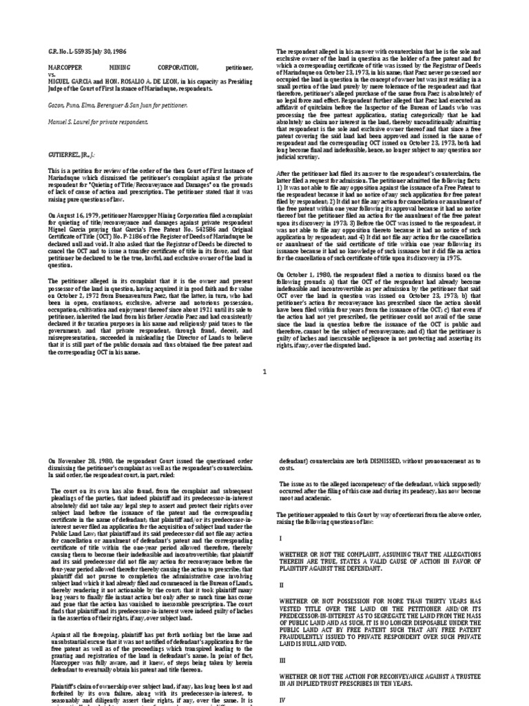G.R. No. L-55935 Marcopper Vs Garcia | PDF | Pleading | Complaint