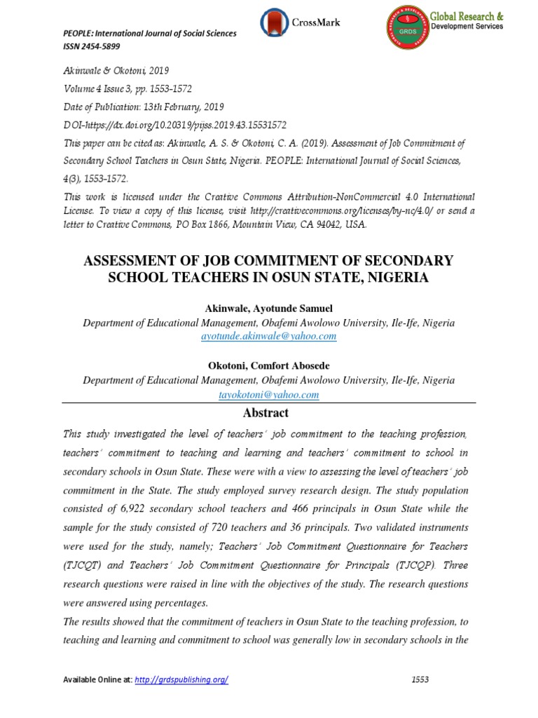 Assessment of Job Commitment of Secondary School Teachers in Osun State, Nigeria | PDF