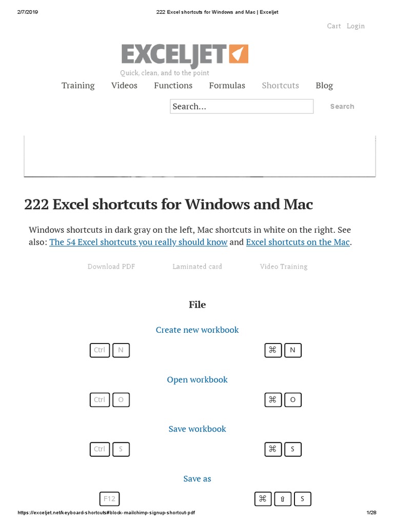 222 Excel Shortcuts For Windows and Mac - Exceljet | PDF | Microsoft Excel | Text