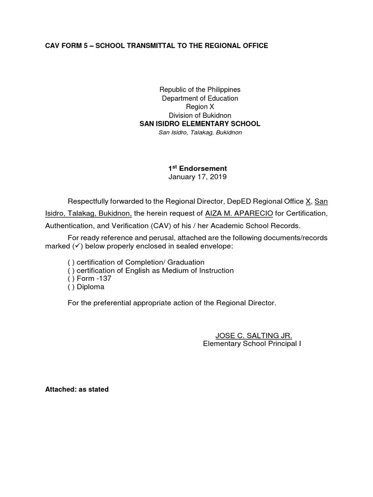 CAV Form 5 Transmittal to DepED Region X | PDF