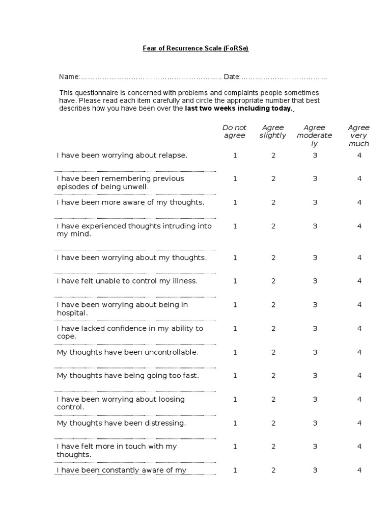 Fear of Recurrence Scale Questionnaire | PDF | Clinical Psychology ...