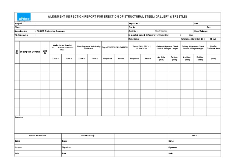 Alignment Inspection Report For Erection of Structural Steel (Gallery ...