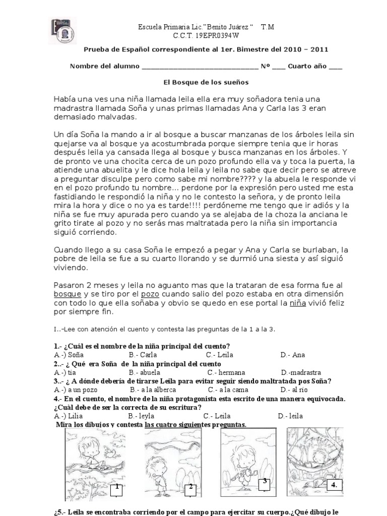 Prueba de Español. Cuarto Grado.1er Bimestre | PDF | Lingüística