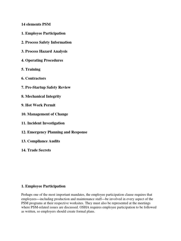 14 Elements PSM | PDF | Occupational Safety And Health Administration ...