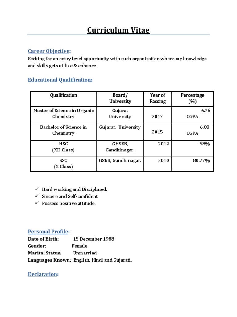 Curriculum Vitae: Career Objective | PDF