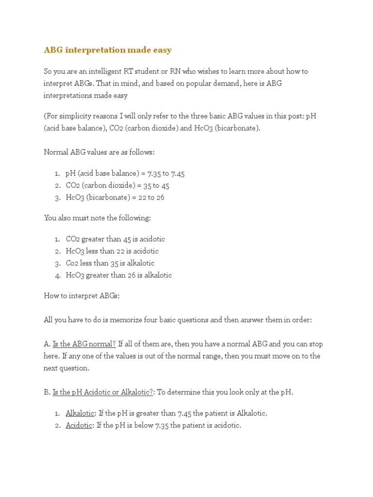 Easy ABG Interpretation Guide | PDF | Bicarbonate | Metabolism